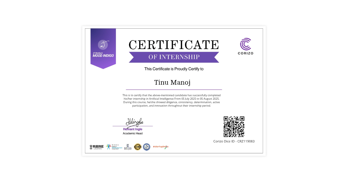 Tinu Manoj | Internship Certificate Corizo | Corizo Edutech