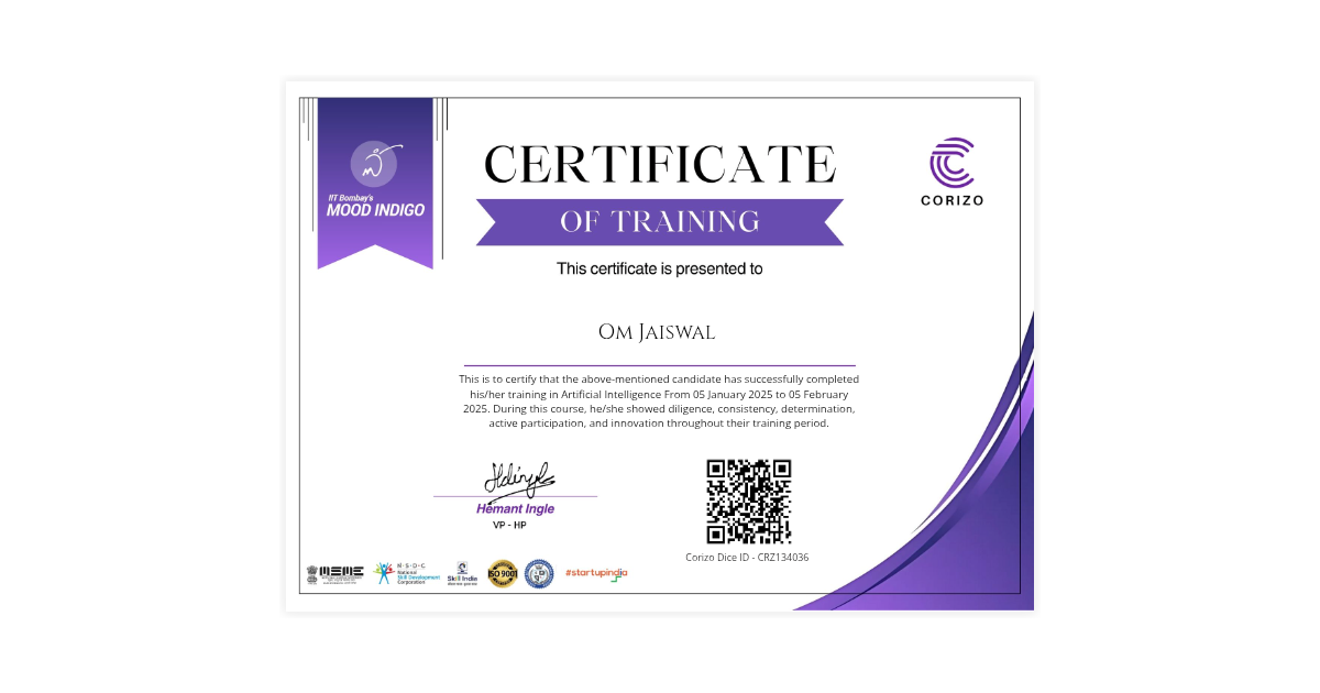 Om Jaiswal | Training Certificate Corizo | Corizo Edutech
