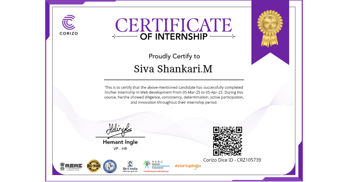 Siva Shankari.M | Corizo Internship Certificate | Corizo Edutech
