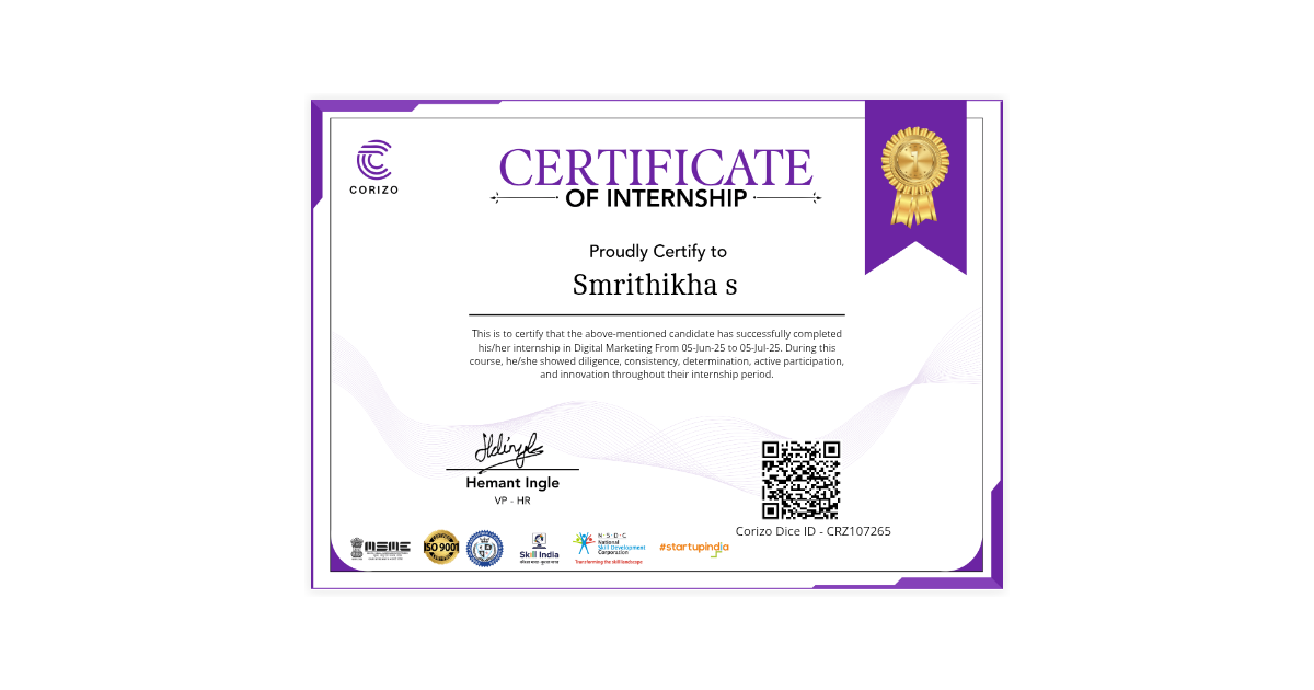 Smrithikha s | Corizo Internship Certificate | Corizo Edutech