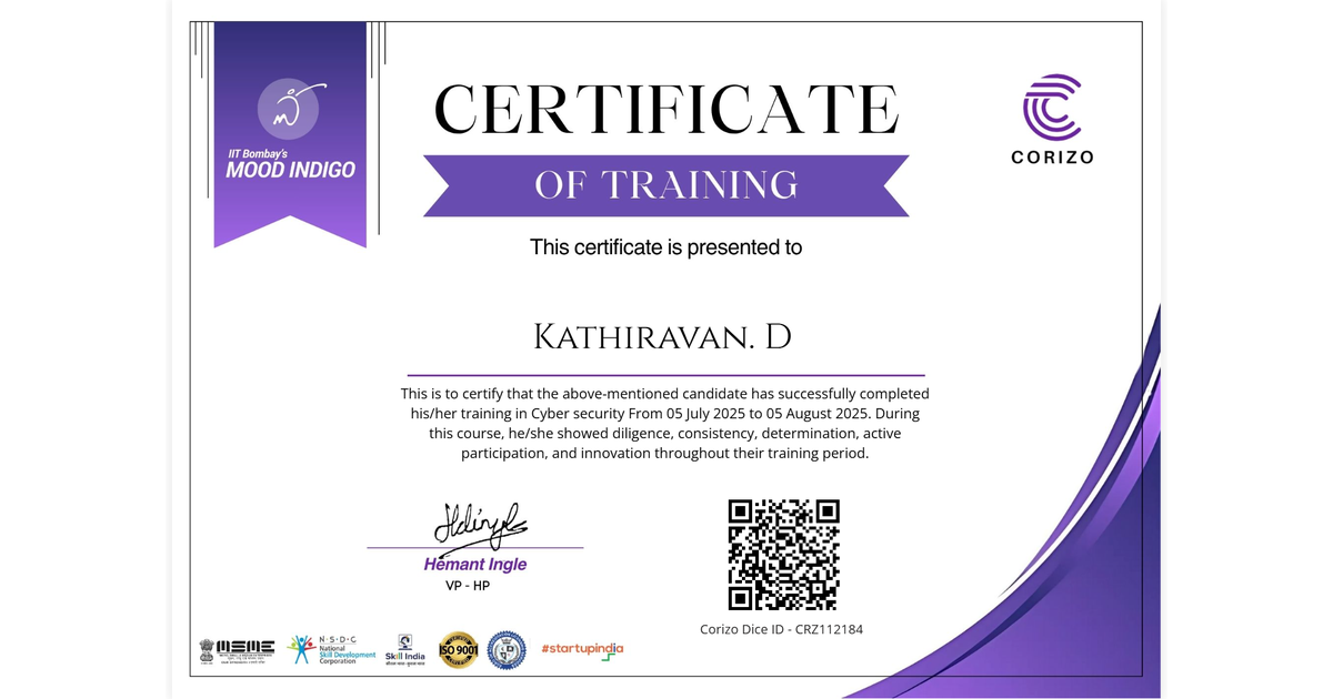 Kathiravan. D | Training Certificate Corizo | Corizo Edutech