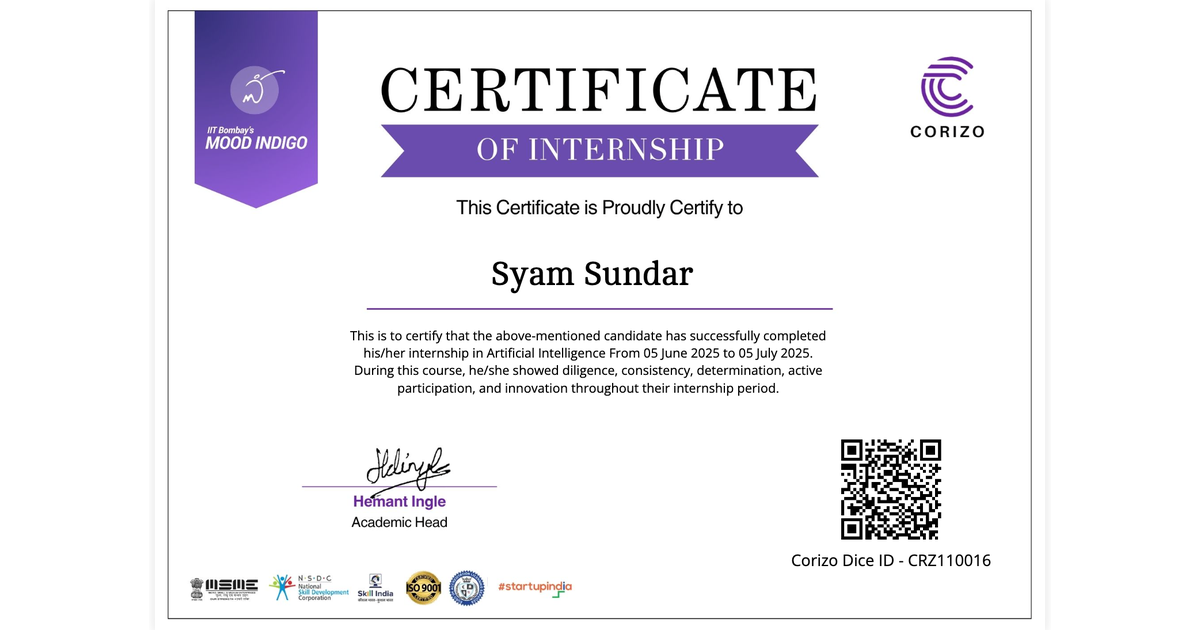 Syam Sundar | Internship Certificate Corizo | Corizo Edutech