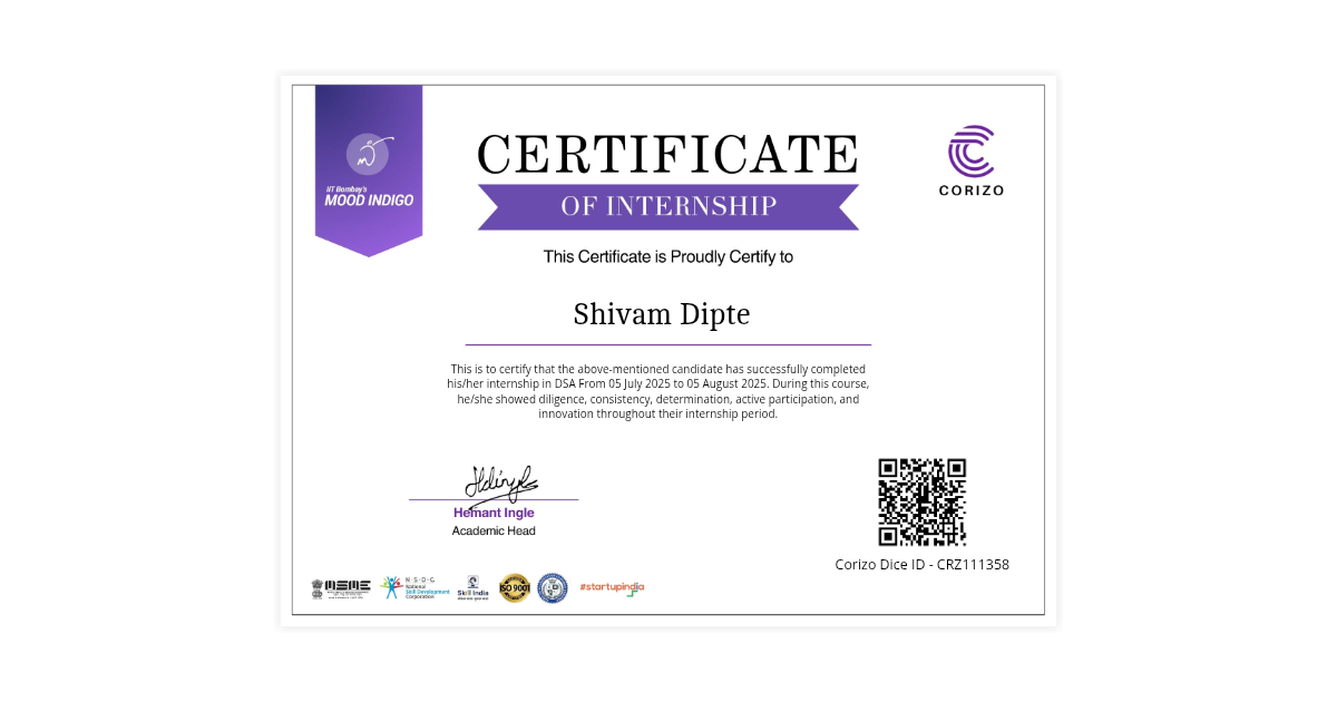 Shivam Dipte | Internship Certificate Corizo | Corizo Edutech