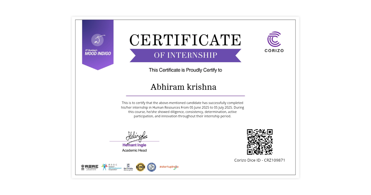 Abhiram krishna | Internship Certificate Corizo | Corizo Edutech