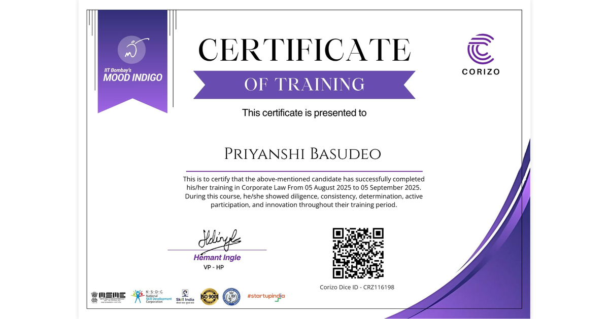 Priyanshi Basudeo | Training Certificate Corizo | Corizo Edutech
