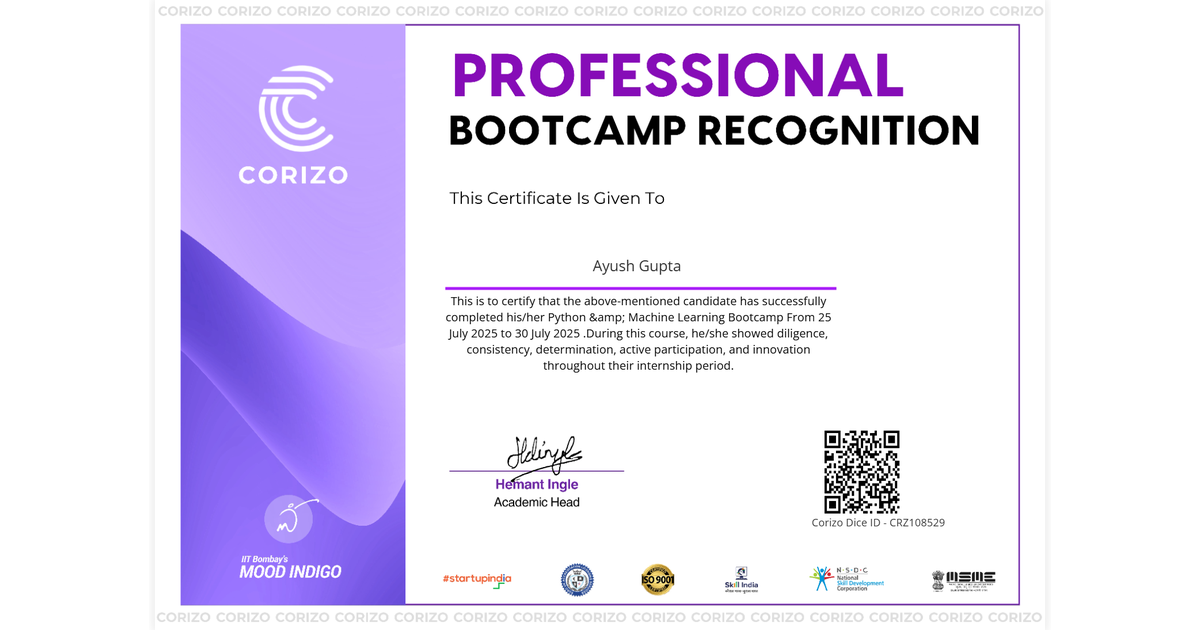 Ayush Gupta | Python & Machine Learning 5 day Bootcamp | Corizo Edutech