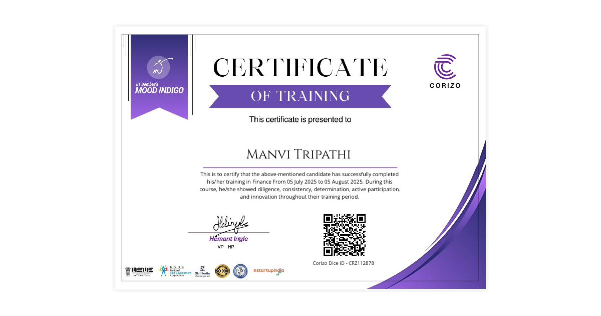 Manvi Tripathi | Training Certificate Corizo | Corizo Edutech