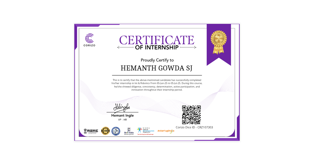 HEMANTH GOWDA SJ | Corizo Internship Certificate | Corizo Edutech via Hyperstack