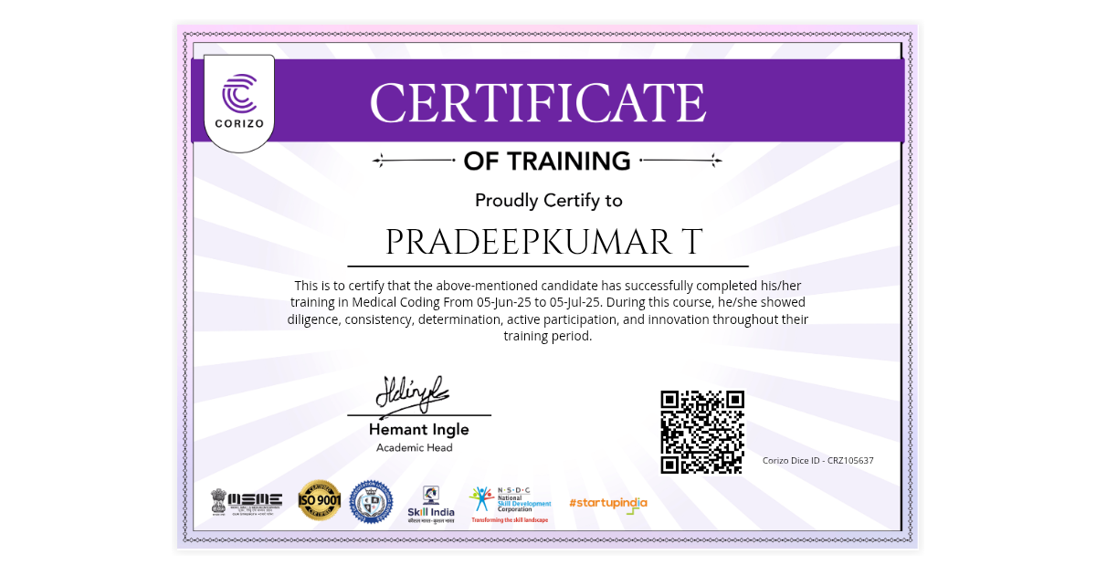 PRADEEPKUMAR T | Corizo Training Certificate | Corizo Edutech