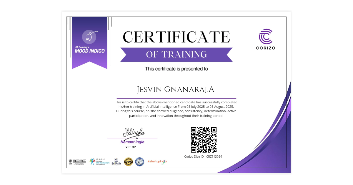 Jesvin Gnanaraj.A | Training Certificate Corizo | Corizo Edutech
