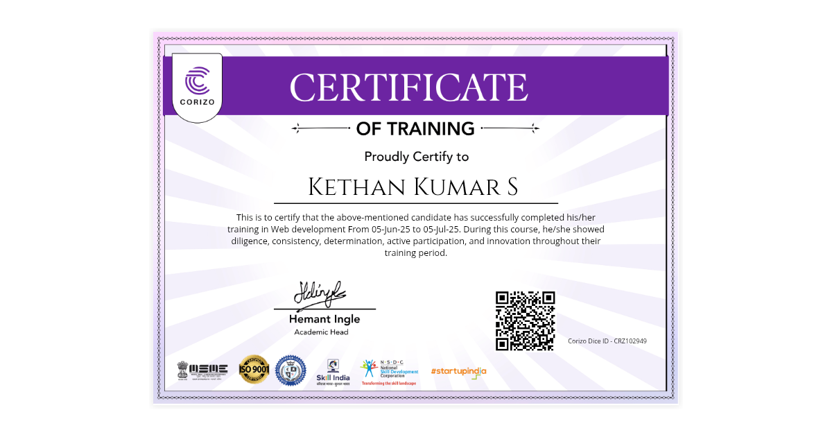 Kethan Kumar S | Corizo Training Certificate | Corizo Edutech