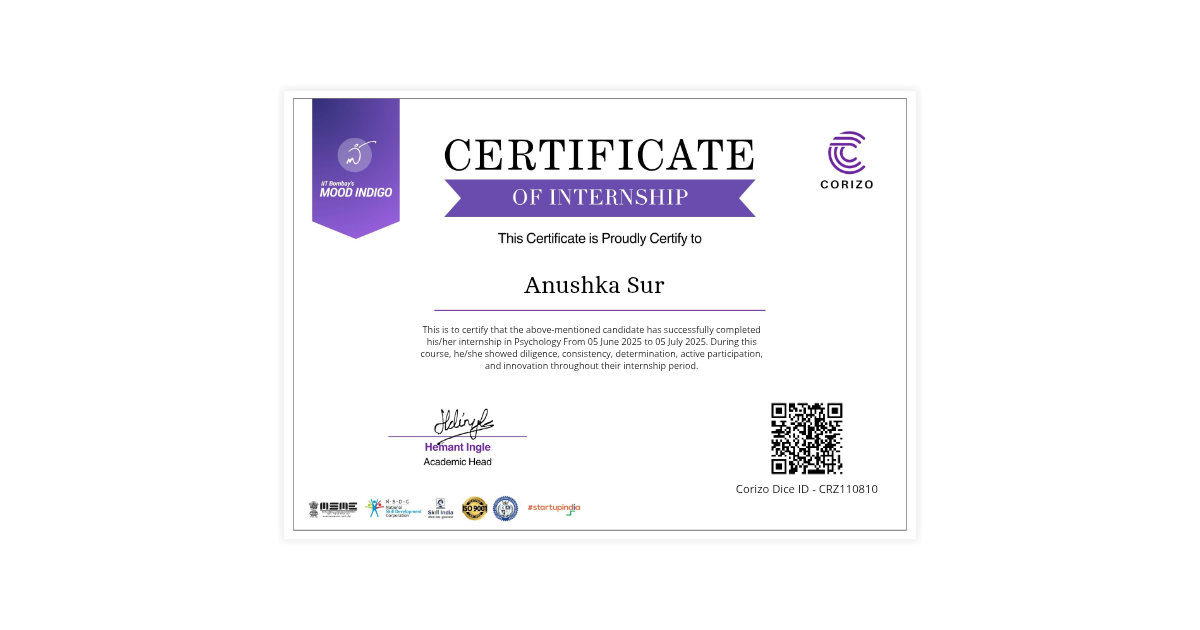 Anushka Sur | Internship Certificate Corizo | Corizo Edutech