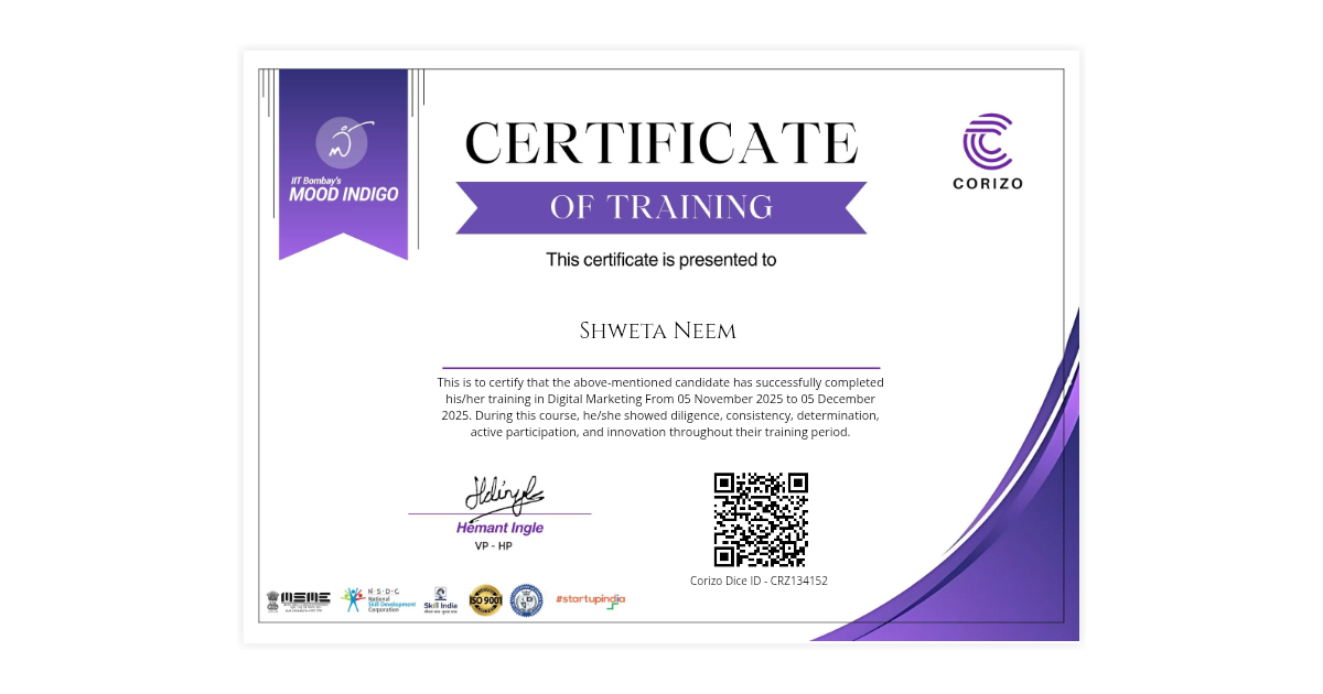 Shweta Neem | Training Certificate Corizo | Corizo Edutech