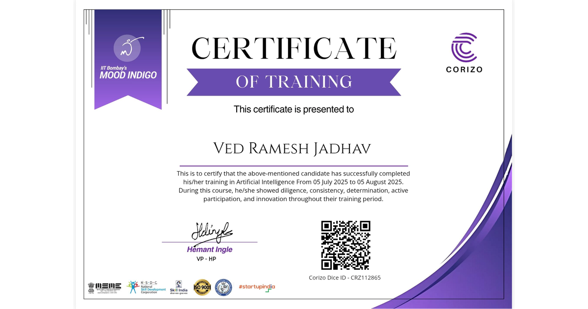 Ved Ramesh Jadhav | Training Certificate Corizo | Corizo Edutech