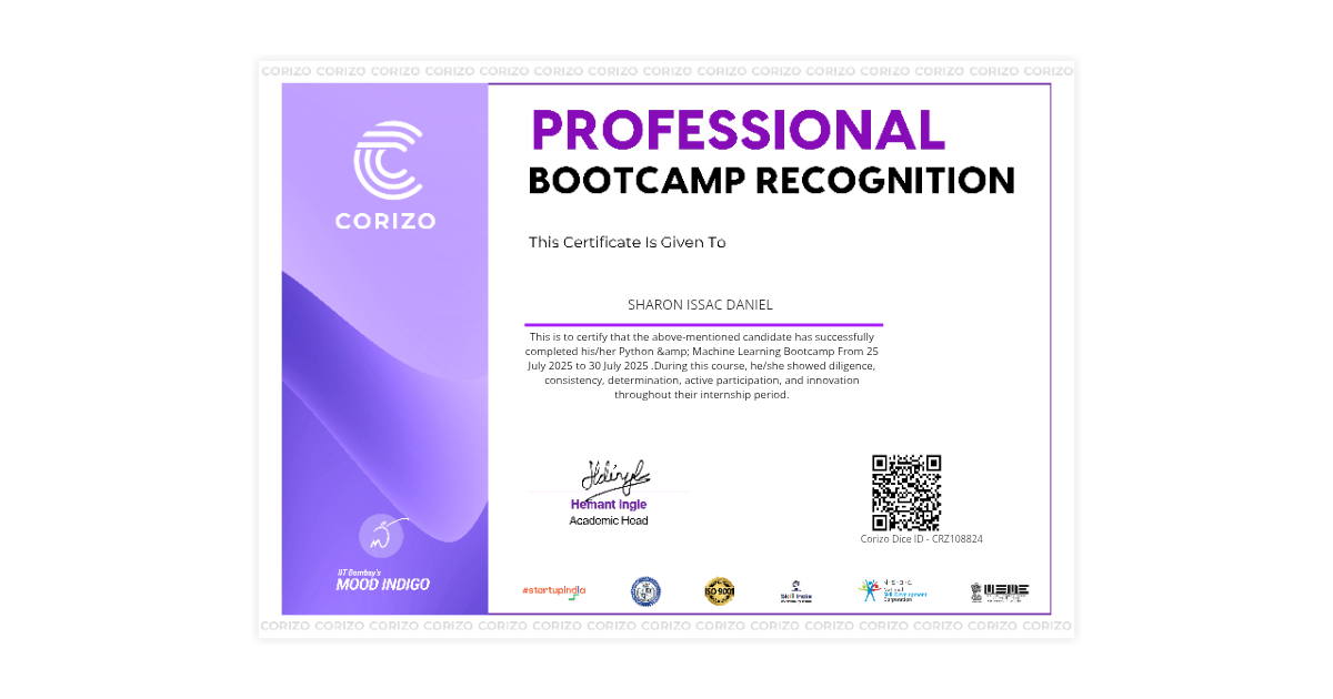 SHARON ISSAC DANIEL | Python & Machine Learning 5 day Bootcamp | Corizo Edutech