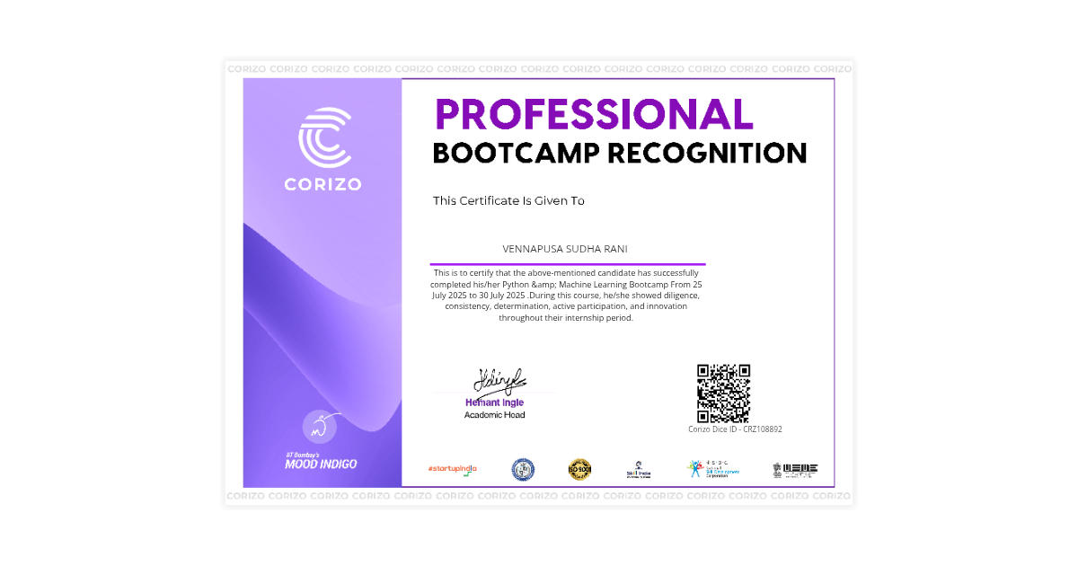 VENNAPUSA SUDHA RANI | Python & Machine Learning 5 day Bootcamp ...