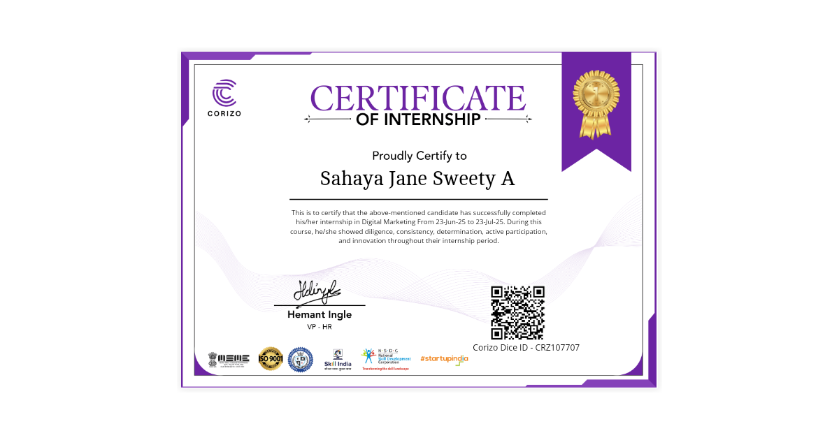 Sahaya Jane Sweety A | Corizo Internship Certificate | Corizo Edutech