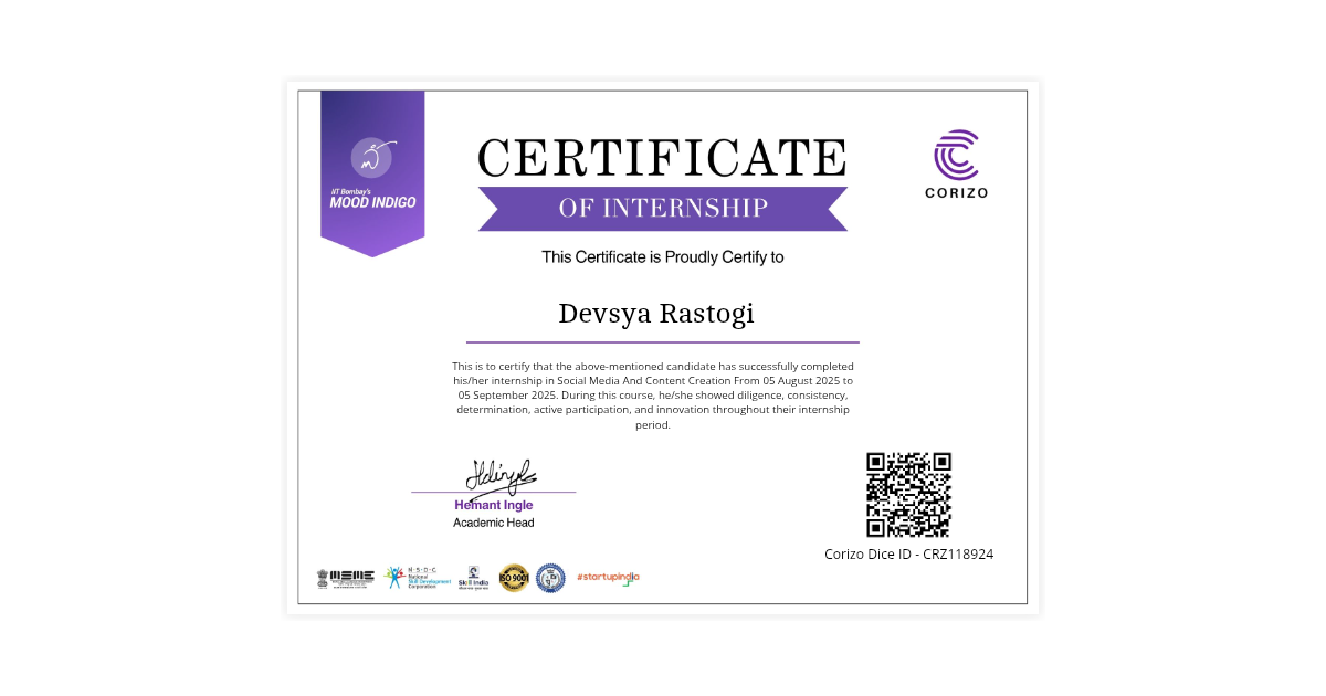Devsya Rastogi | Internship Certificate Corizo | Corizo Edutech