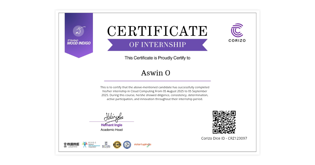 Aswin O | Internship Certificate Corizo | Corizo Edutech