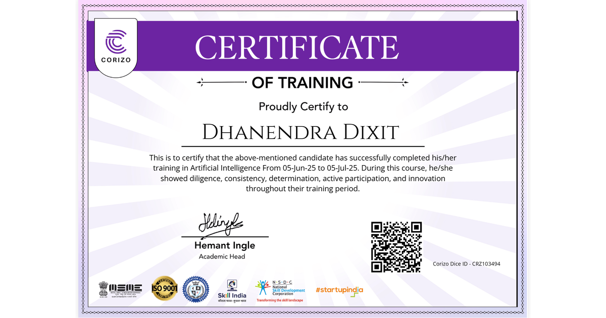 Dhanendra Dixit | Corizo Training Certificate | Corizo Edutech