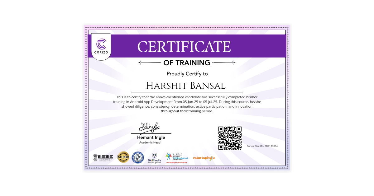 Harshit Bansal | Corizo Training Certificate | Corizo Edutech