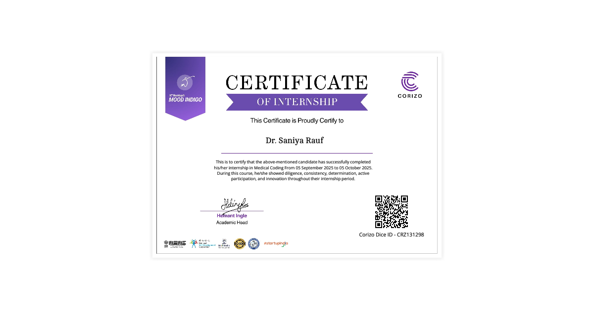 Dr. Saniya Rauf | Internship Certificate Corizo | Corizo Edutech
