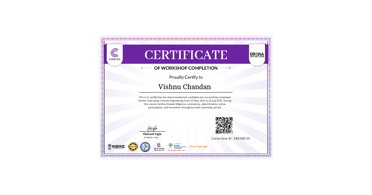Vishnu Chandan | Corizo Drone Engineering Completion Certificate | Corizo Edutech