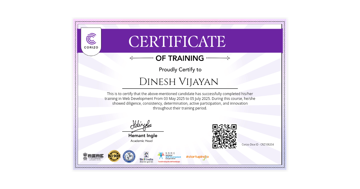 Dinesh Vijayan | Corizo Training Certificate | Corizo Edutech